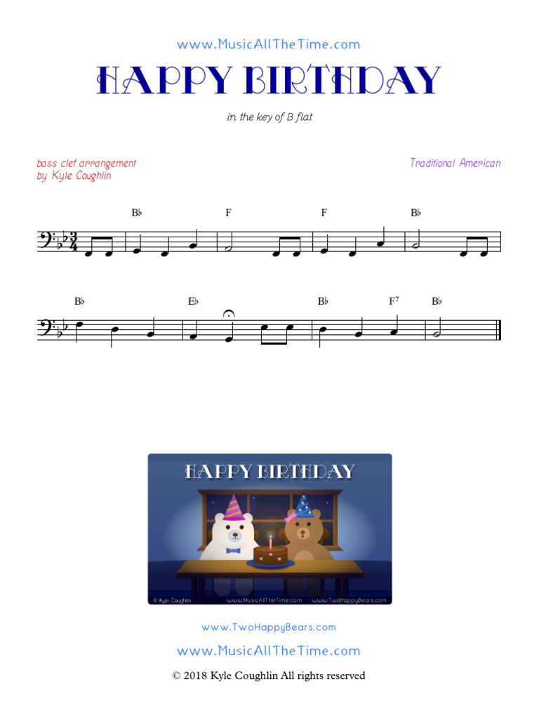 Happy Birthday Bass Clef Key of B Flat | PDF