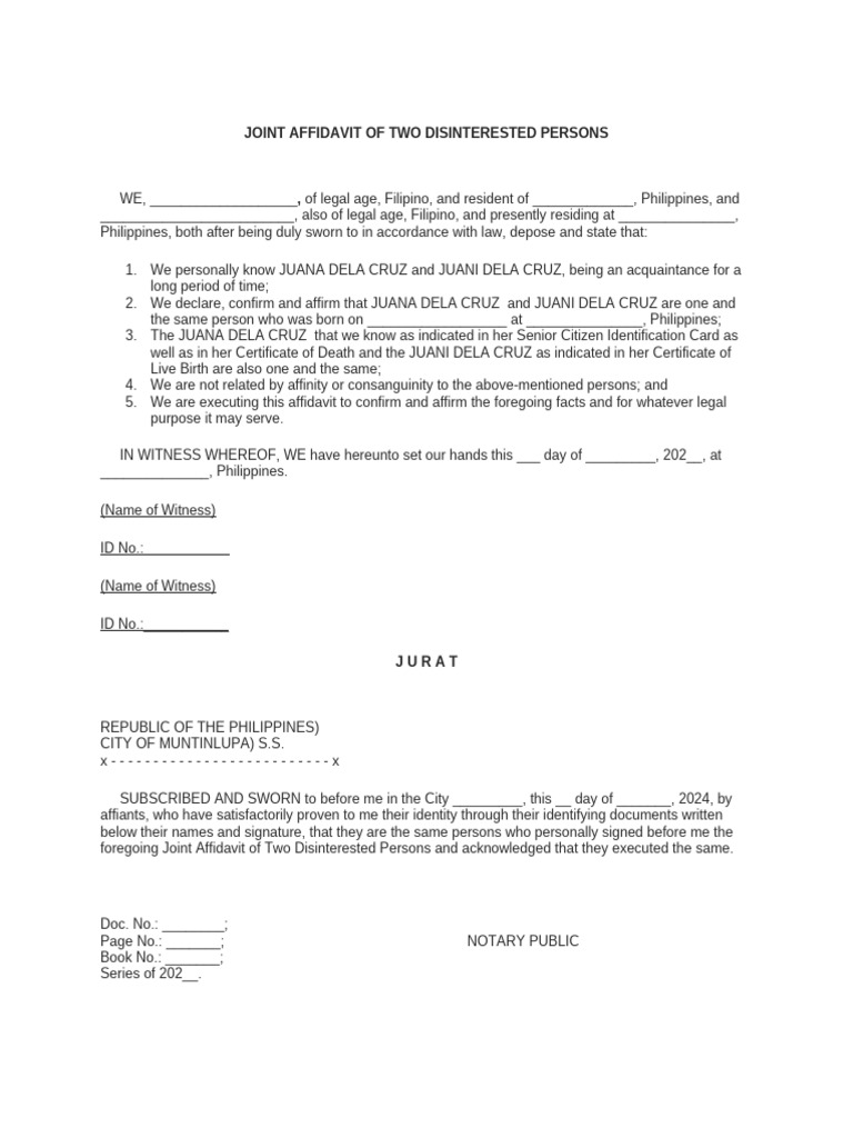 JOINT AFFIDAVIT OF TWO DISINTERESTED PERSONS (Template) | PDF