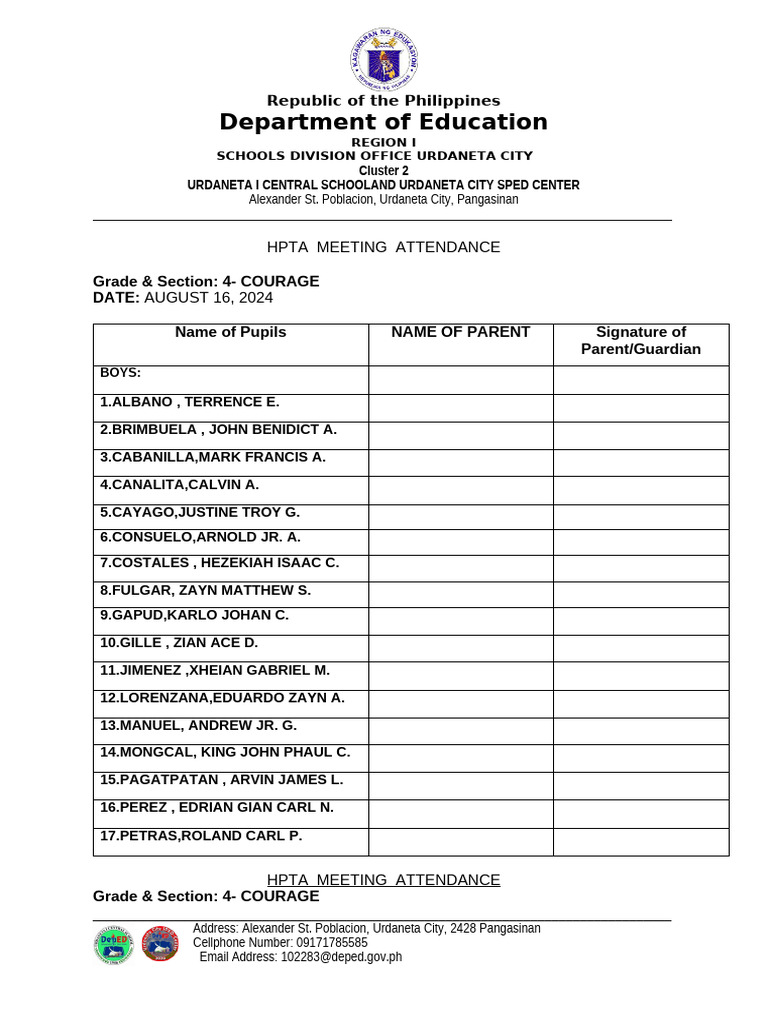 HPTA Meeting Attendance - Grade 4 Courage | PDF