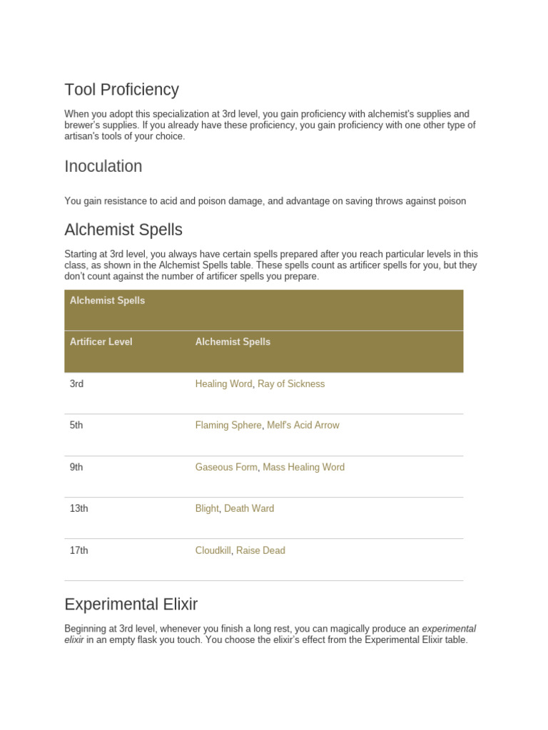 DND 5e Homebrew - Alchemist Artificer Rework | PDF
