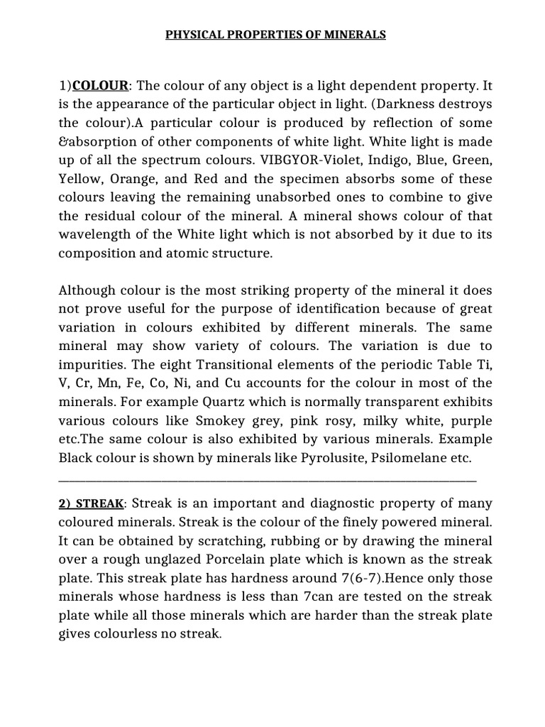 Notes On Physical Properties of Minerals | PDF | Minerals | Color