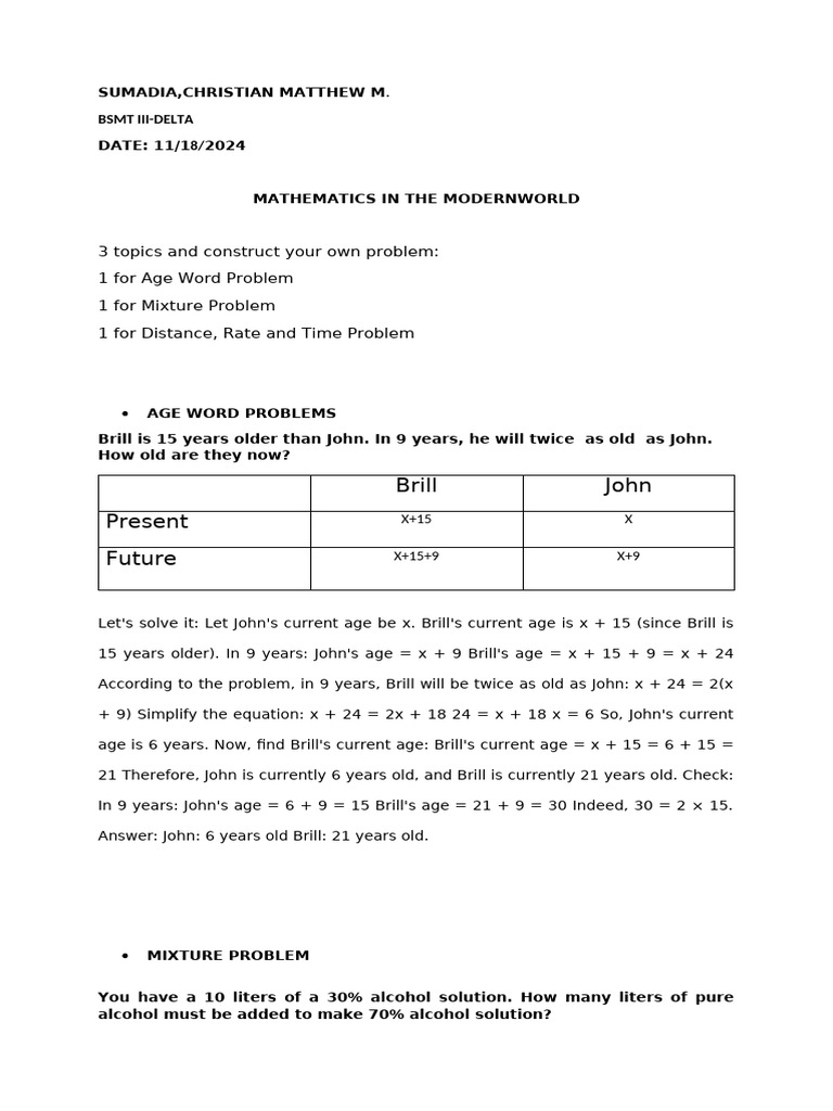 Age Word Problem, Mixture Problem, Distance, Rate and Time Problem | PDF | Speed | Mathematics