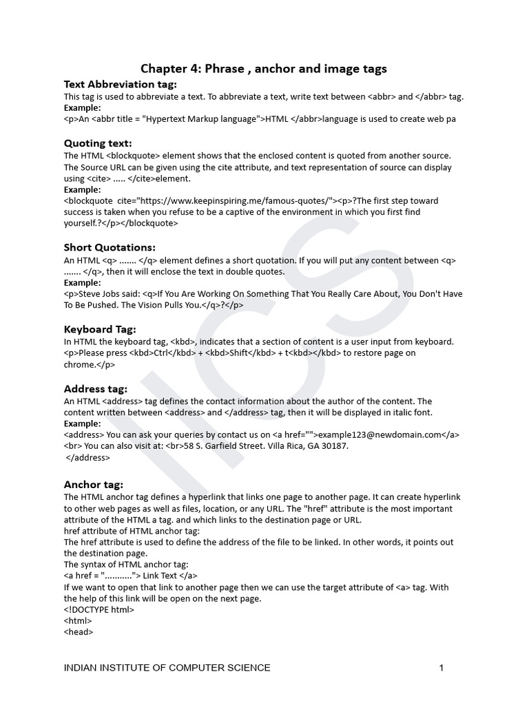 Chapter 4 - Phrase, Anchor and Image Tags | PDF | Html Element | Hyperlink