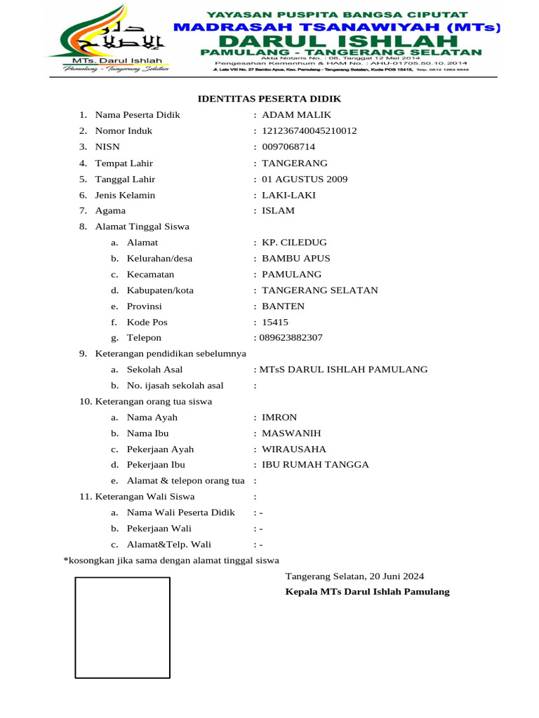FORMAT Biodata Rapot | PDF