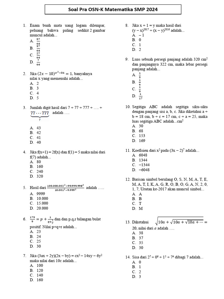 Soal Pra OSN-K Matematika SMP 2024 | PDF