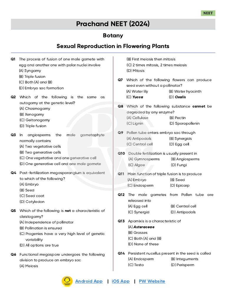 Sexual Reproduction in Flowering Plants Practice Sheet Prachand NEET ...