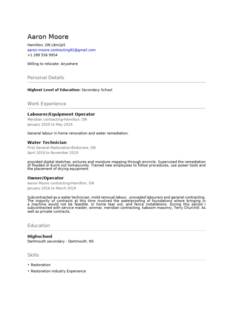 Aaron Moore: Skilled Contractor Resume | PDF | Law