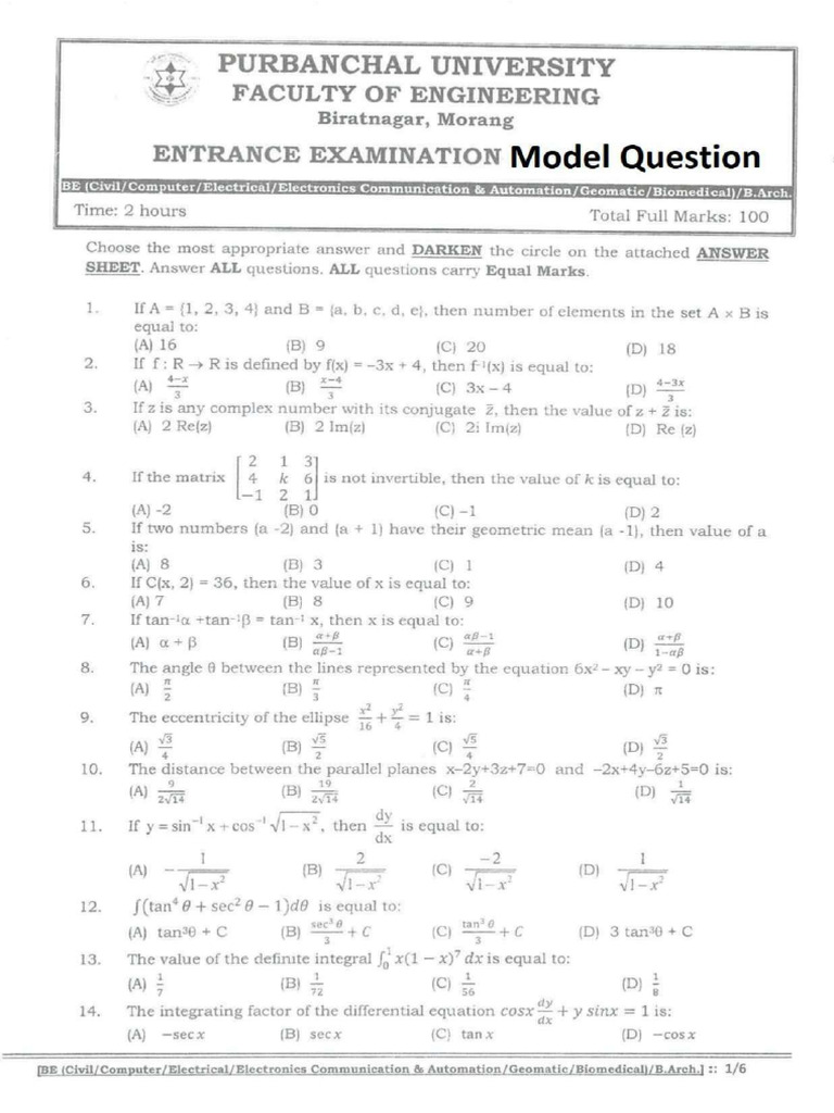 Be Entrance Model Questions Purbanchal University | PDF