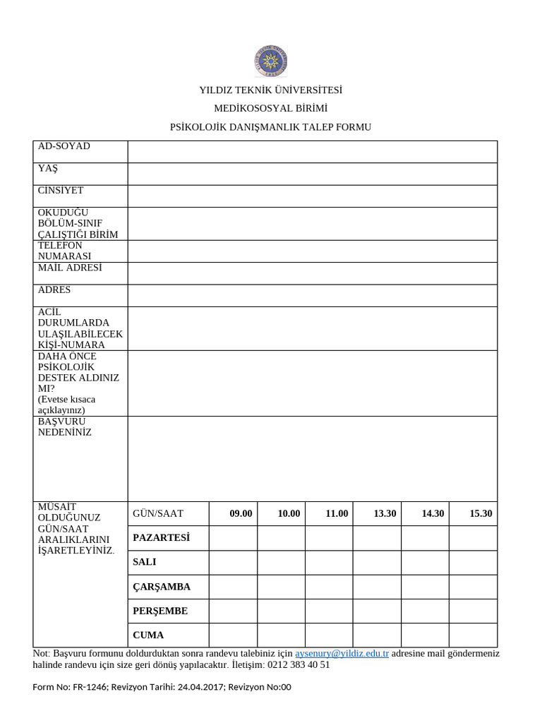 FR-1246-SKS Psikolojik Danışmanlık Talep Formu | PDF