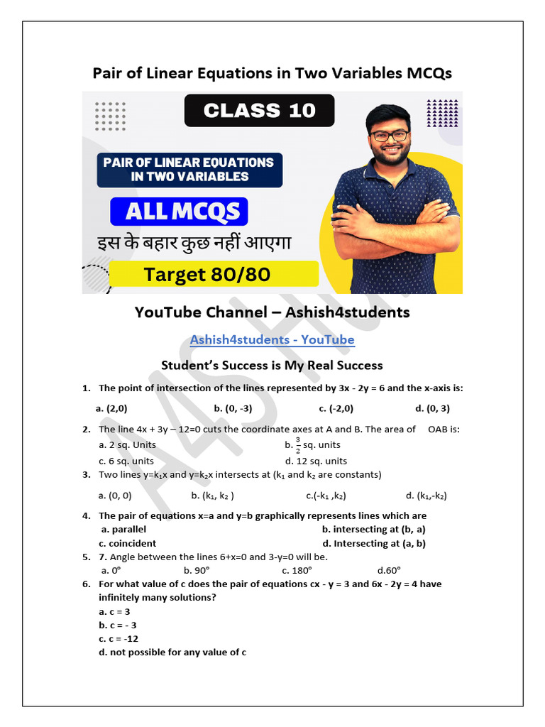 3.pair of Linear Equations in Two Variables MCQs | PDF | Equations ...