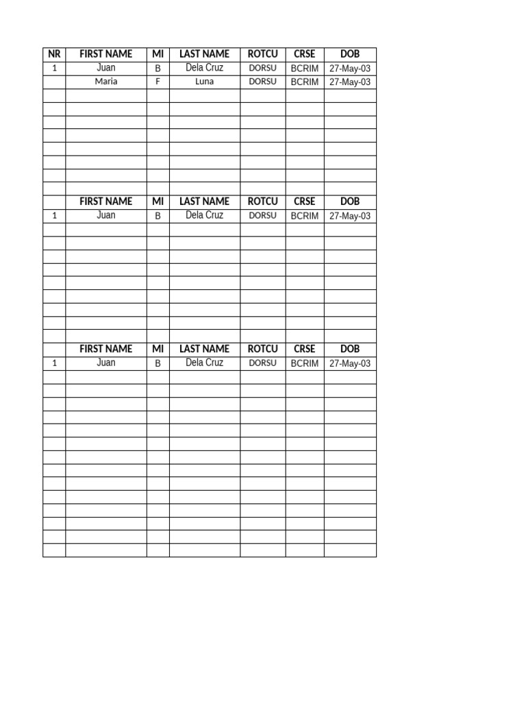 Rotc Sample Format of Master List | PDF