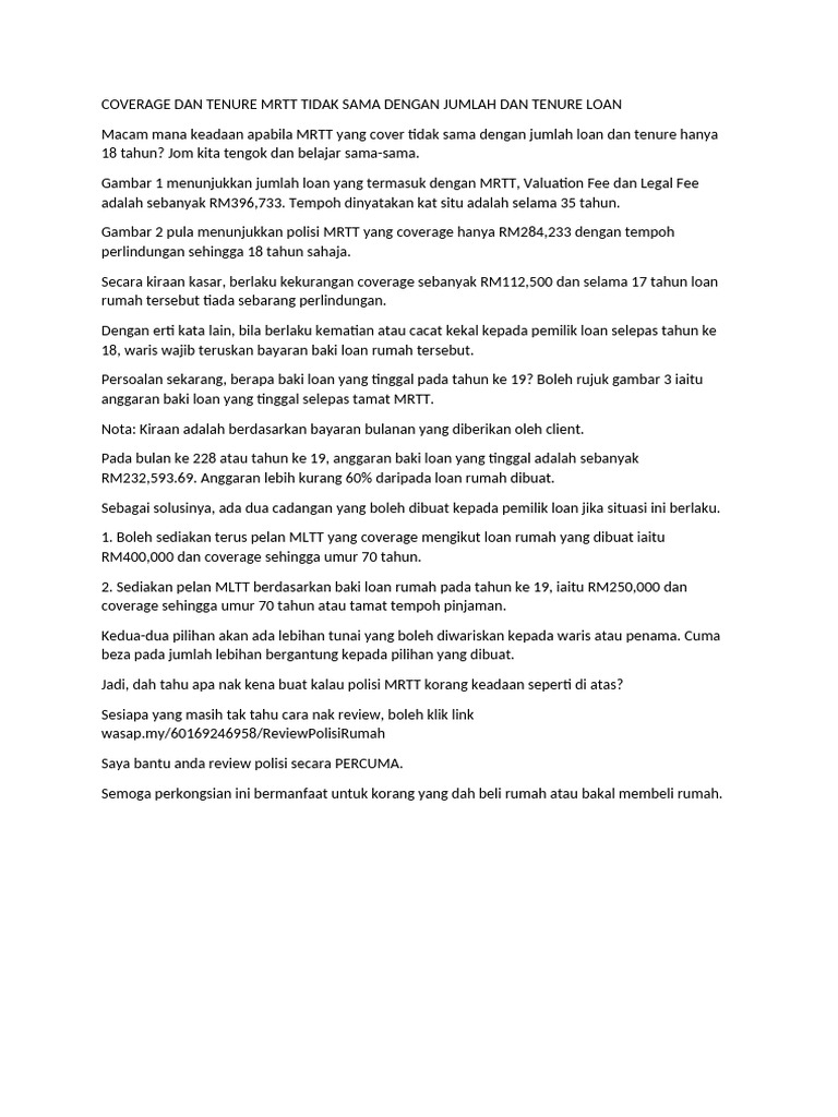 Coverage Dan Tenure MRTT Tidak Sama Dengan Jumlah Dan Tenure Loan | PDF
