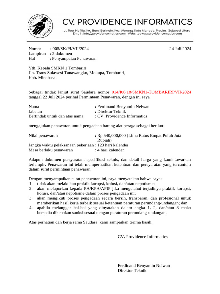 Surat Penawaran Penyedia Kepada Sekolah (PROVIDENCE INFORMATICS) | PDF