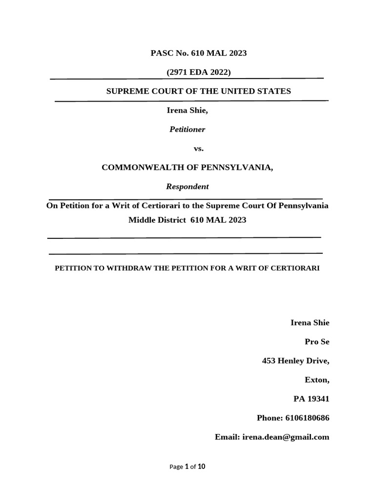Petition to Withdraw Certiorari Request | PDF | Lawsuit | Supreme Court ...