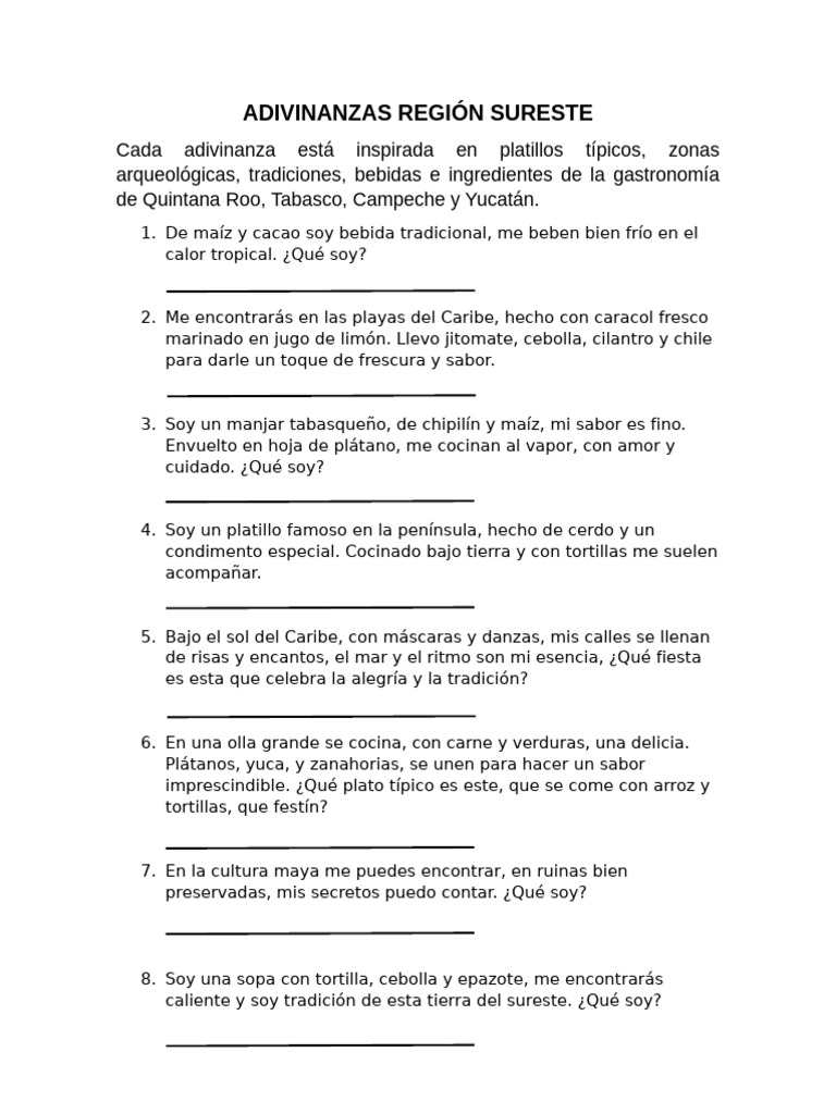 Adivinanzas Región Sureste | PDF | Ciencias sociales | Cocina, comidas ...