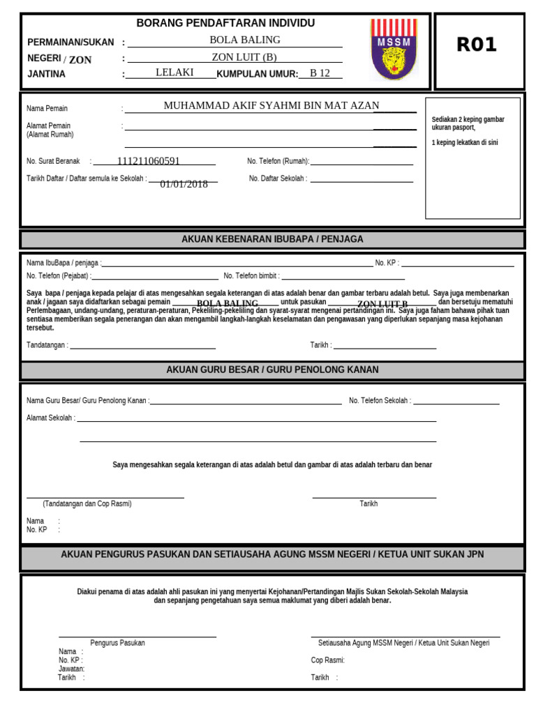 Borang Pendaftaran R01 Handball MSSD 2023 aKIF | PDF