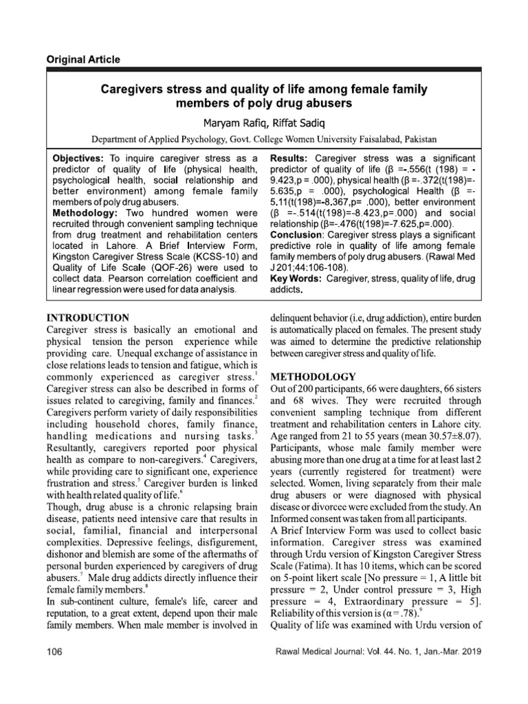 Caregivers Stress and Quality of Life Among Female Family Members of ...