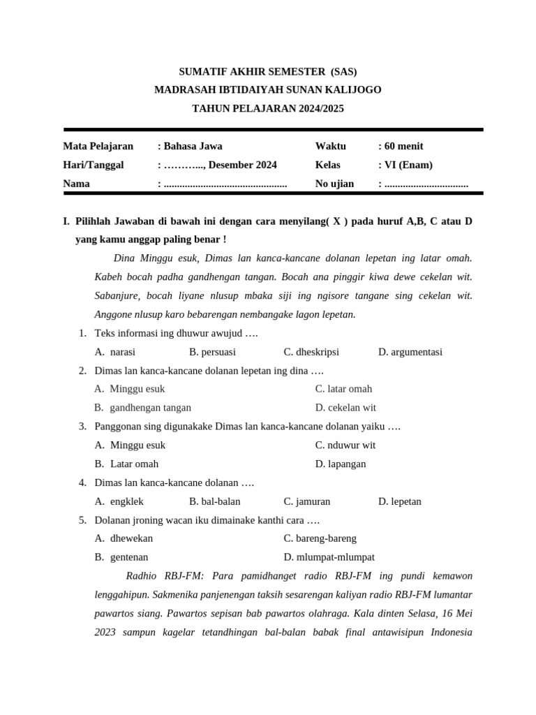 SOAL SAS BHS JAWA KLS 5 New | PDF