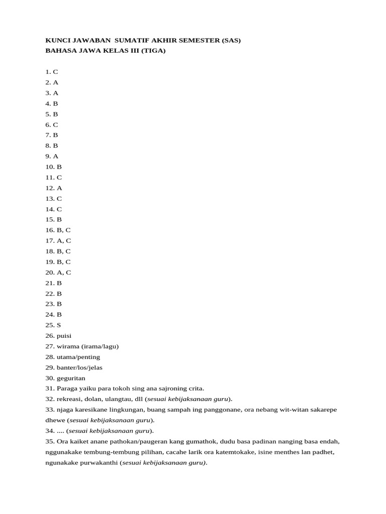 Kunci Jawaban Sas Bhs Jawa Kls 3 | PDF