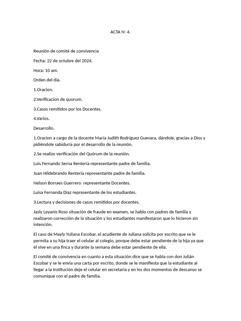 Acta N 4 de Convivencia Escolar | PDF