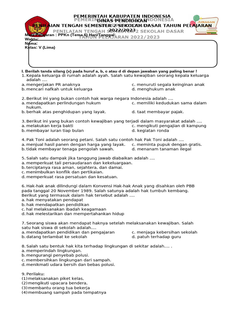 Soal Tema 6 Kelas 5 Semester 2 T.A 2022-2023 Mapel PPKN | PDF | Ilmu Sosial