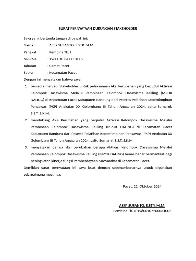 Surat Pernyataan Dukungan Stakeholder | PDF | Ilmu Sosial