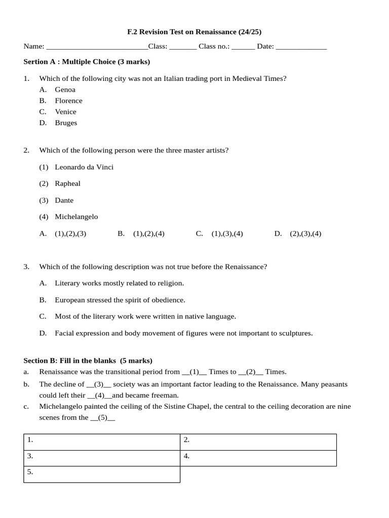 Renaissance Revision Test for Students | PDF | Renaissance | Raphael
