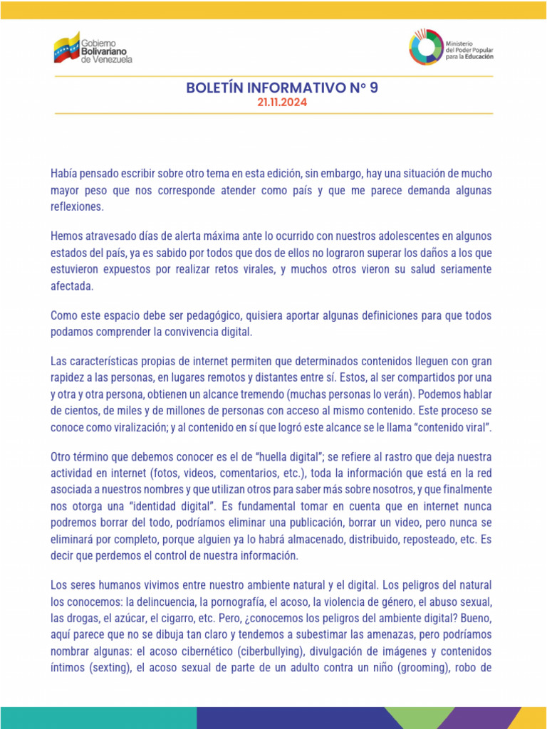 BOLETÍN INFORMATIVO - ME Nro9 | PDF | Internet | Acoso cibernético