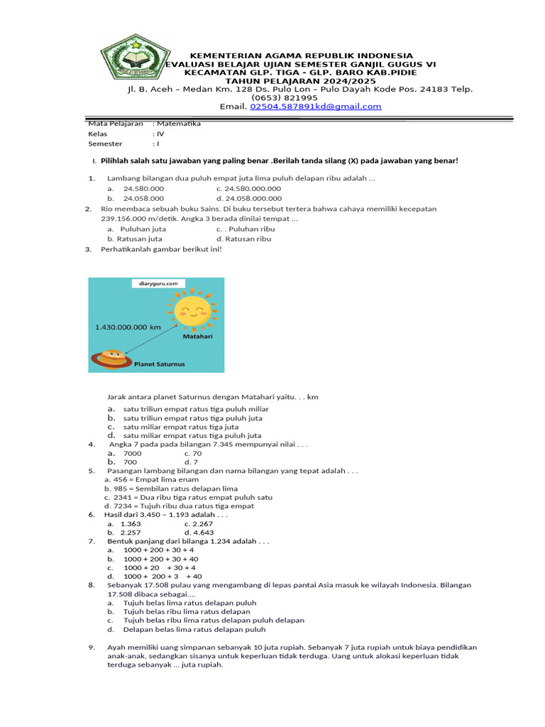 Soal MTK Kls 4 Sem 1 | PDF