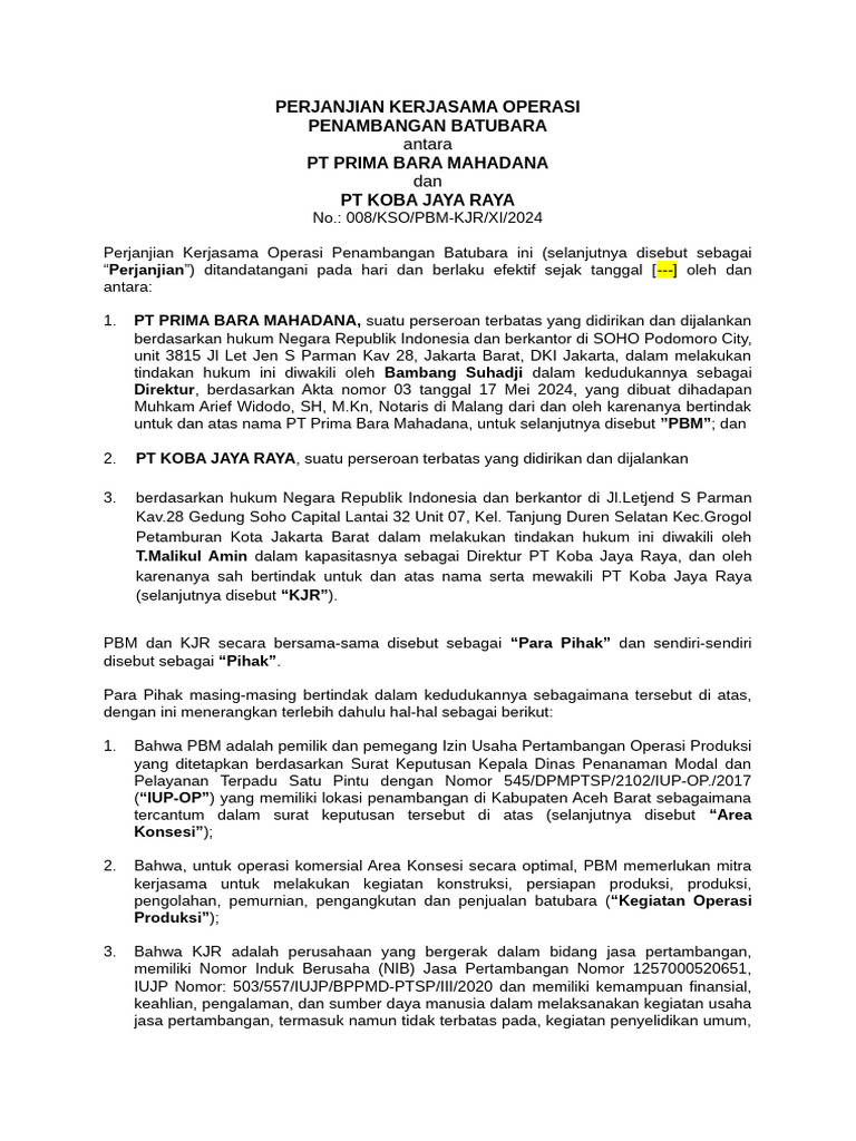 Draft Perjanjian KSO PBM-KJR Revisi1 | PDF