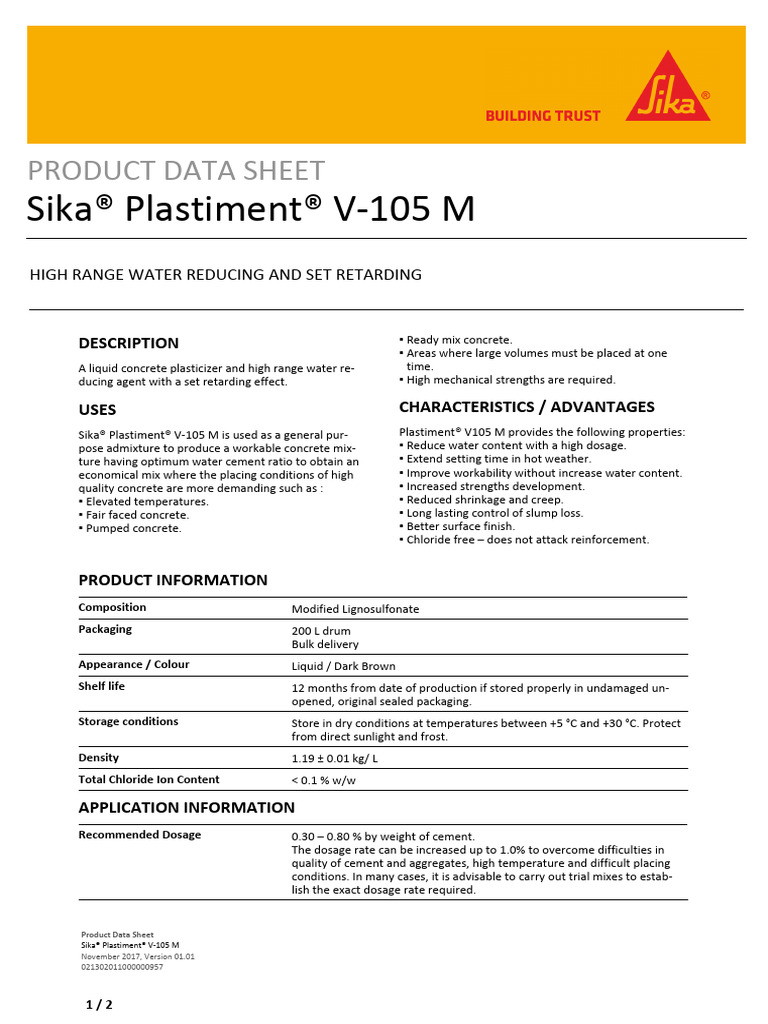 Sika Plastiment v-105m | PDF | Concrete | Building Engineering