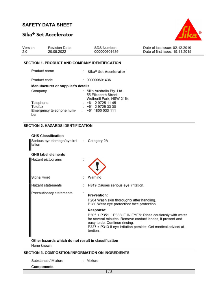 Sika Set Accelerator | PDF | Safety | Occupational Safety And Health