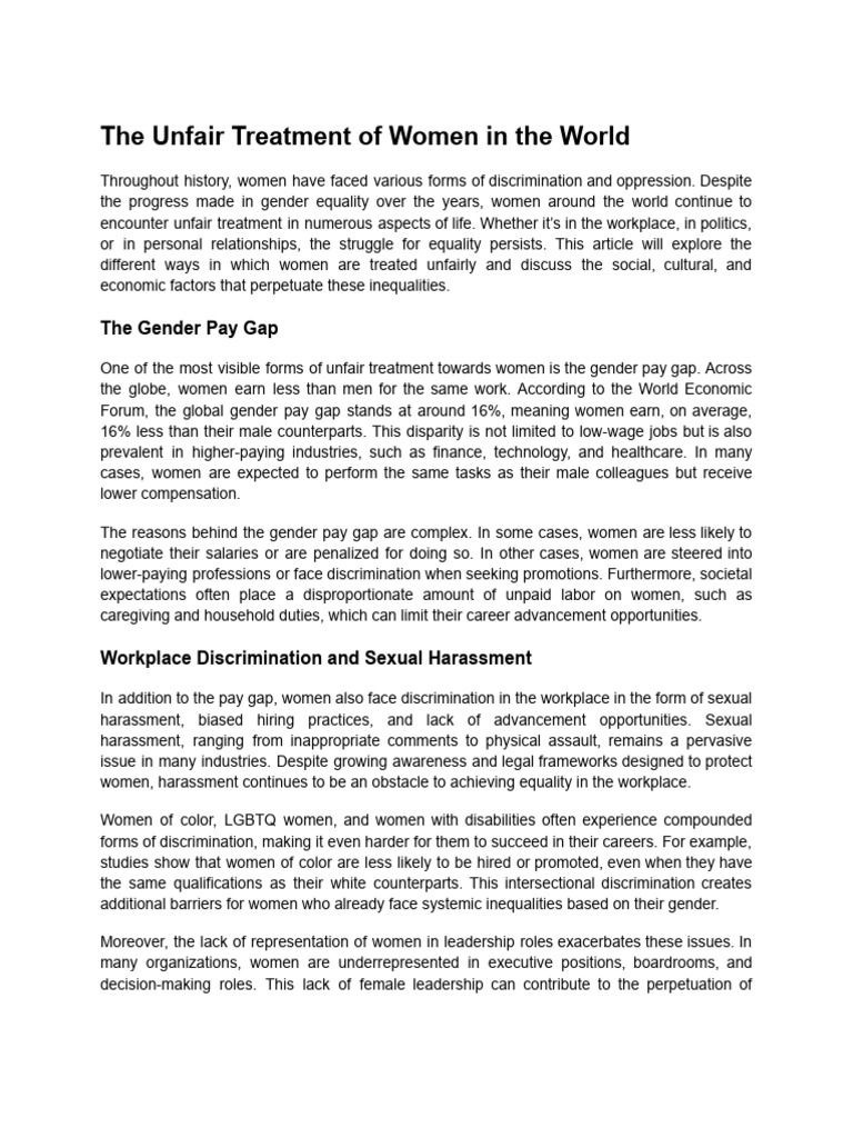 The Unfair Treatment of Women in The World | PDF | Gender Pay Gap ...