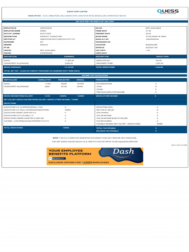Sonia - July 2024 - Salary Slip - July-2024 | PDF