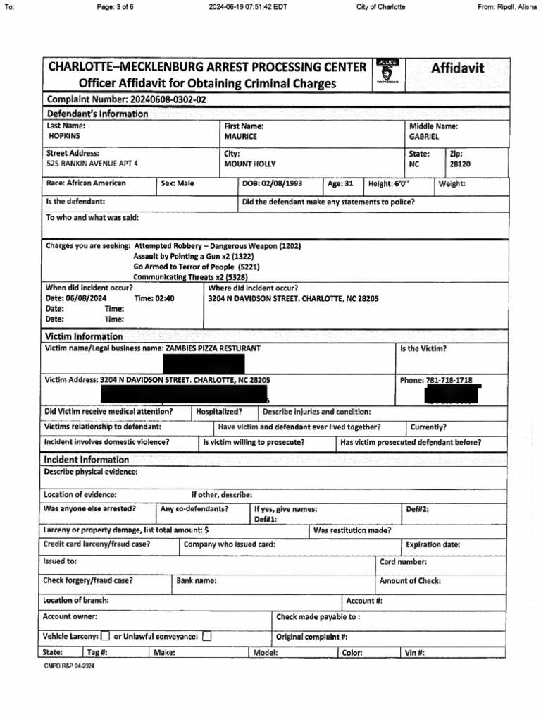 Maurice Hopkins Arrest Affidavit | PDF | Misconduct | Crimes