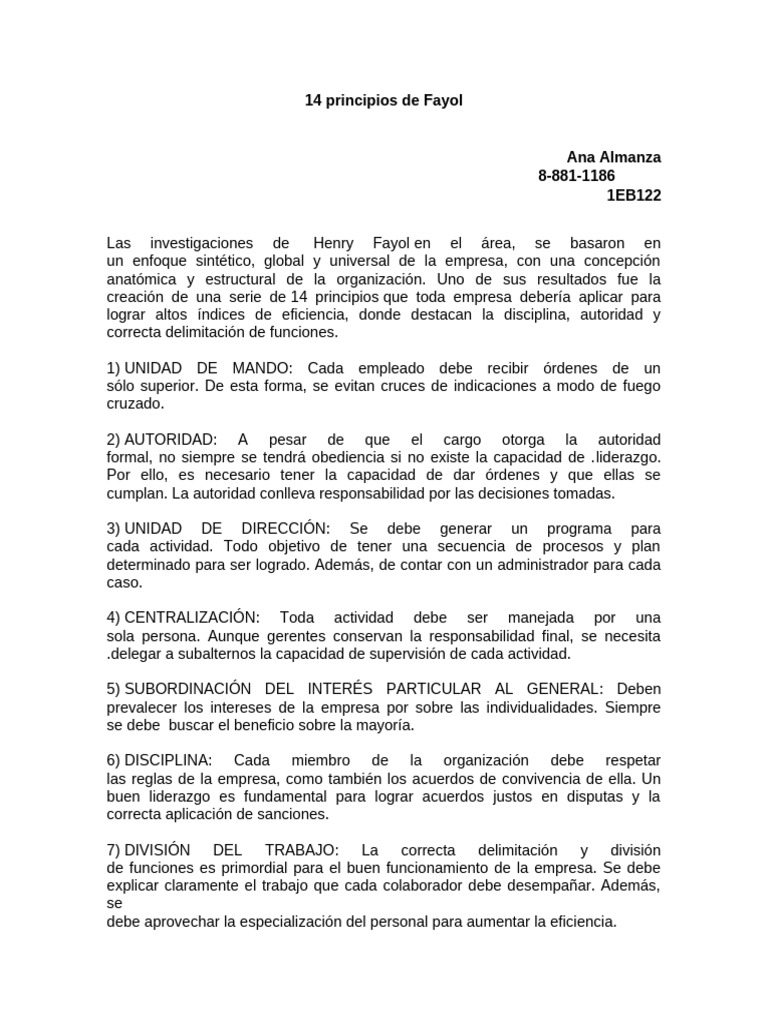 14 Principios de Fayol | PDF | Business | Liderazgo