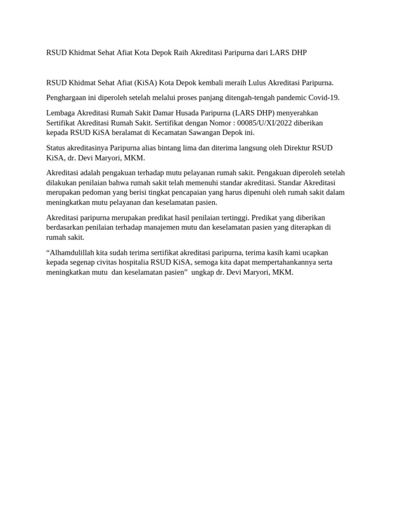 RSUD Khidmat Sehat Afiat Kota Depok Raih Akreditasi Paripurna Dari LARS DHP | PDF