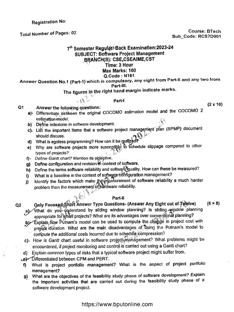 Btech Cse Cseaime CST 7 Sem Software Project Management Rcs7d001 2024 | PDF