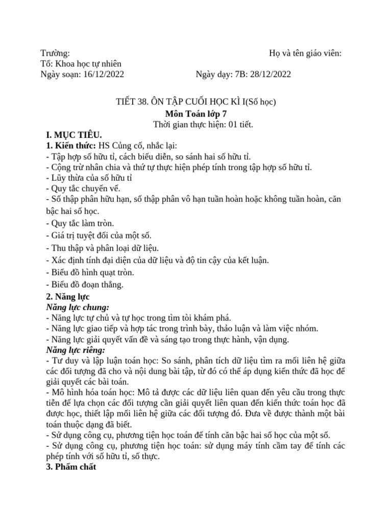 Tiết ôn tập cuối học kì I Toán 7 KNTT | PDF