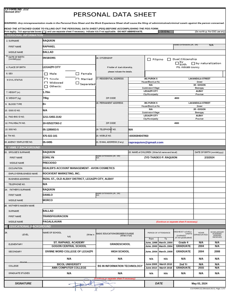 CS Form No. 212 Personal Data Sheet Revised | PDF | Government | Justice