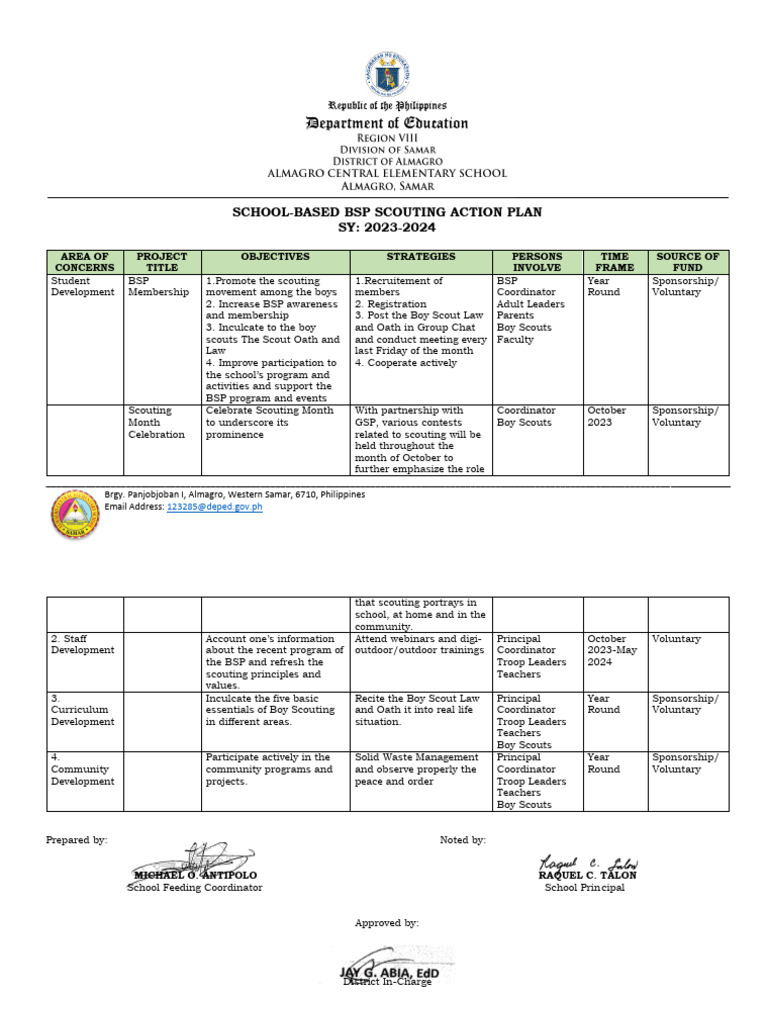 Action Plan On BSP | PDF | Boy Scouts Of America | Outdoor Recreation ...