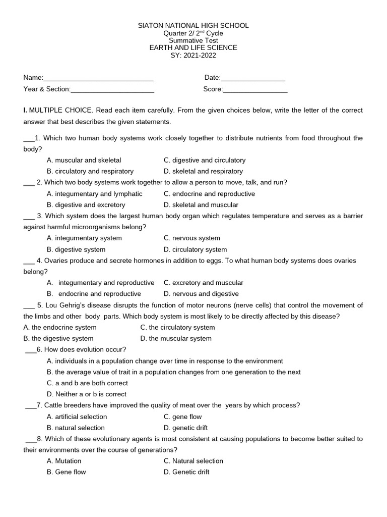 Earth and Life Science Summative Test | PDF | Human Body | Genetics