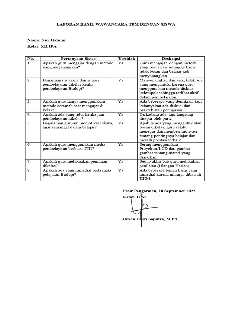 C2.2 Laporan Hasil Wawancara TPM Dengan Siswa | PDF | Karier & Perkembangan