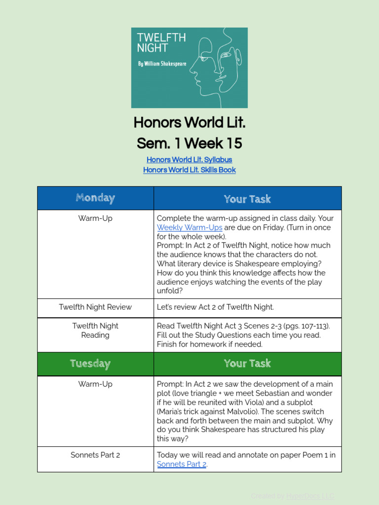 2024-25 Honors World Lit. Sem. 1 Week 15 Hyperdoc | PDF | Twelfth Night