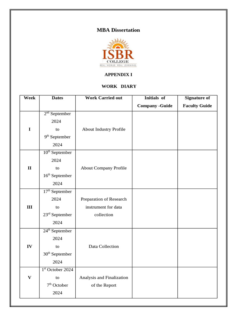 MBA Dissertation Work Diary Format | PDF | Business | Technology ...