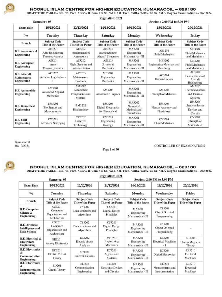 University Exam Draft Timetable Dec 2024 - R2021, R2022, R2023 S3, S4 ...
