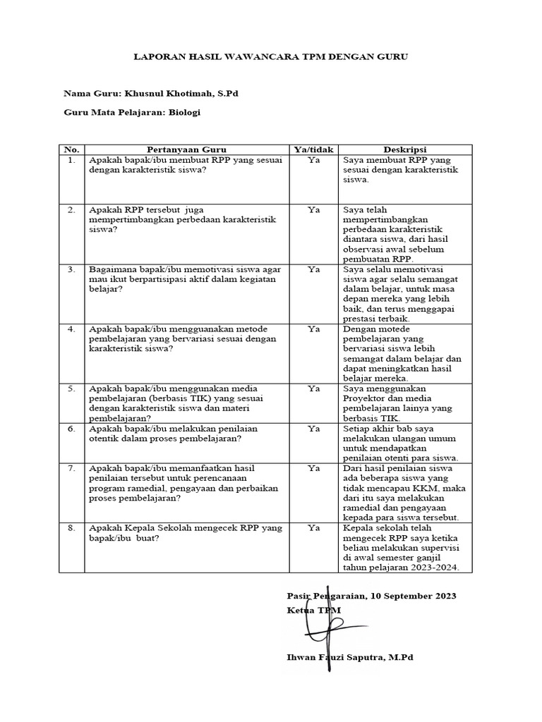 C3.2 Laporan Hasil Wawancara TPM Dengan Guru Dan Siswa | PDF | Karier & Perkembangan ...