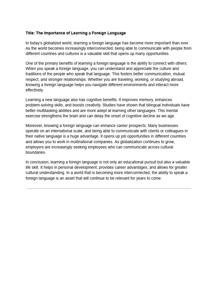 Title - The Importance of Learning A Foreign Language | PDF | Career ...