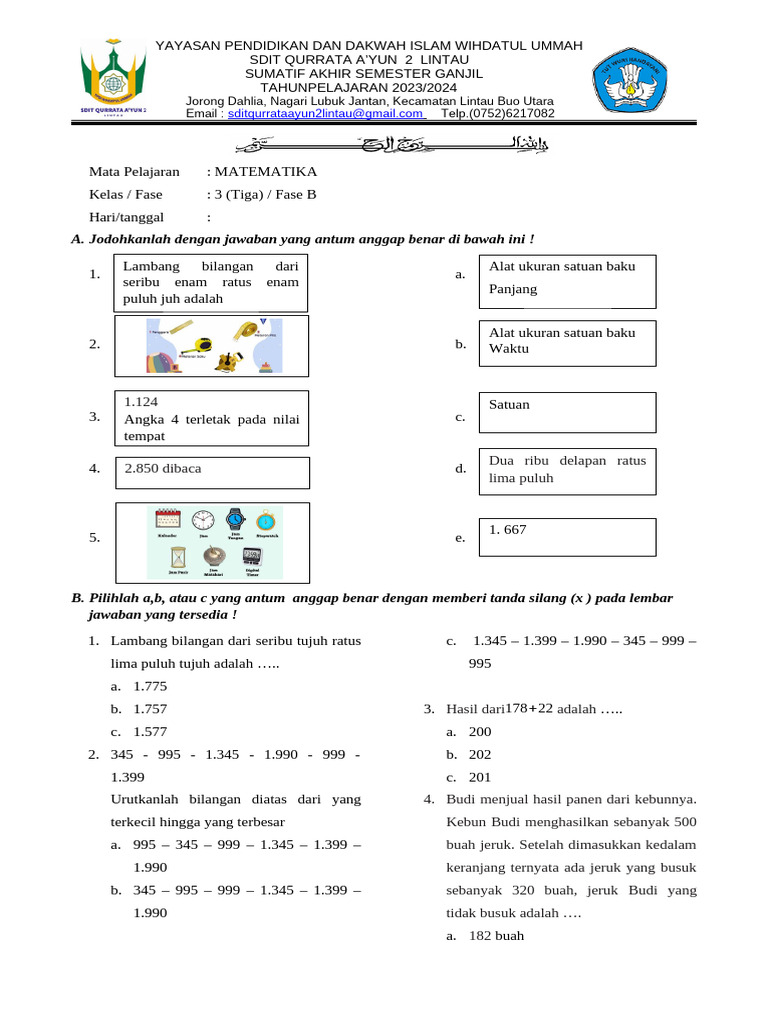 Soal MTK Sas 1 Kelas III 2023 Ok Fixx | PDF