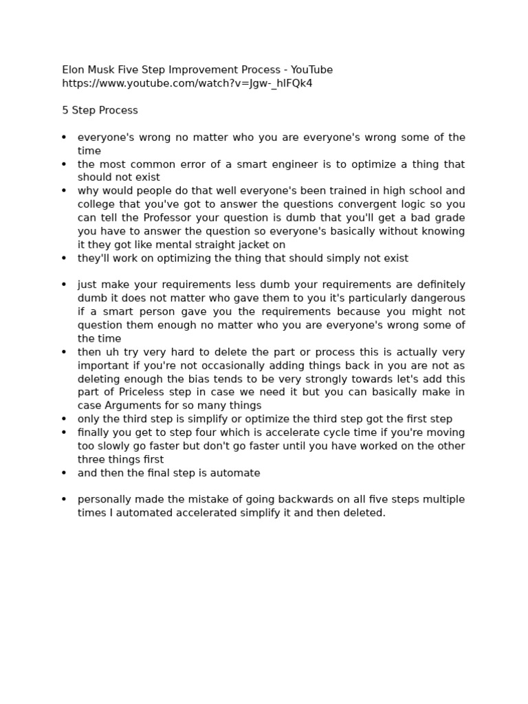 Elon Musk's 5-Step Improvement Process | PDF